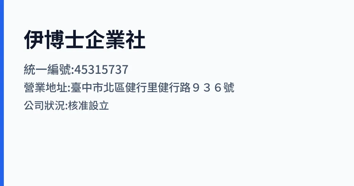 伊博士企業社 - 統編 45315737(臺中市) 公司登記資料與營業項目詳細圖表