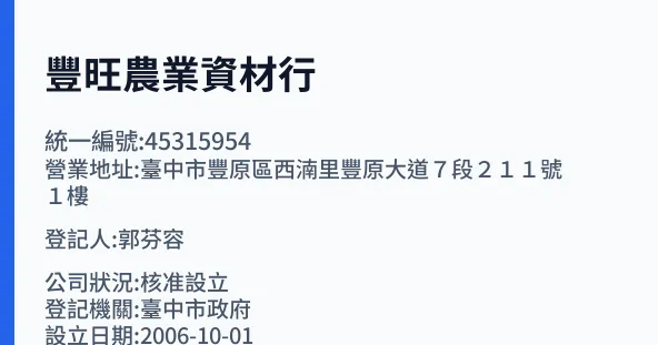 豐旺農業資材行的照片-統編 45315954(臺中市) 公司登記資料與營業項目詳細圖表