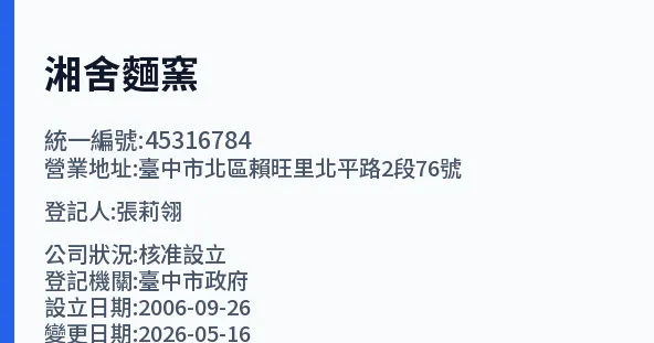 湘舍麵窯的照片-統編 45316784(臺中市) 公司登記資料與營業項目詳細圖表