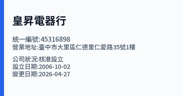 皇昇電器行的照片-統編 45316898(臺中市) 公司登記資料與營業項目詳細圖表