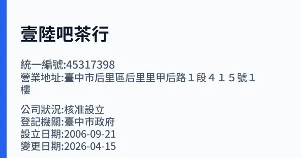 壹陸吧茶行的照片-統編 45317398(臺中市) 公司登記資料與營業項目詳細圖表