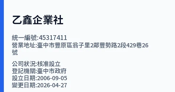 乙鑫企業社的照片-統編 45317411(臺中市) 公司登記資料與營業項目詳細圖表