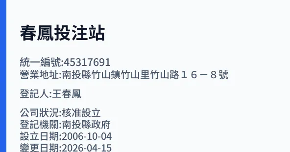 春鳳投注站的照片-統編 45317691(南投縣) 公司登記資料與營業項目詳細圖表