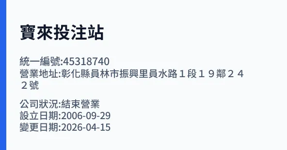 寶來投注站的照片-統編 45318740(彰化縣) 公司登記資料與營業項目詳細圖表