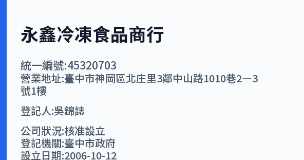 永鑫冷凍食品商行的照片-統編 45320703(臺中市) 公司登記資料與營業項目詳細圖表