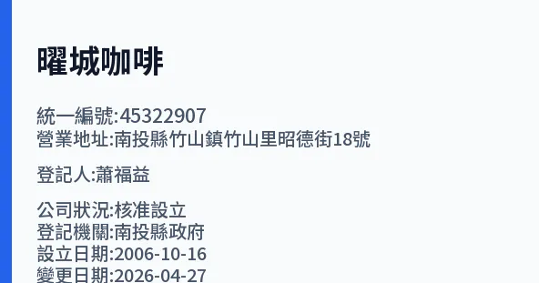曜城咖啡的照片-統編 45322907(南投縣) 公司登記資料與營業項目詳細圖表