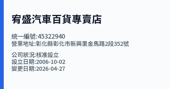 宥盛汽車百貨專賣店的照片-統編 45322940(彰化縣) 公司登記資料與營業項目詳細圖表