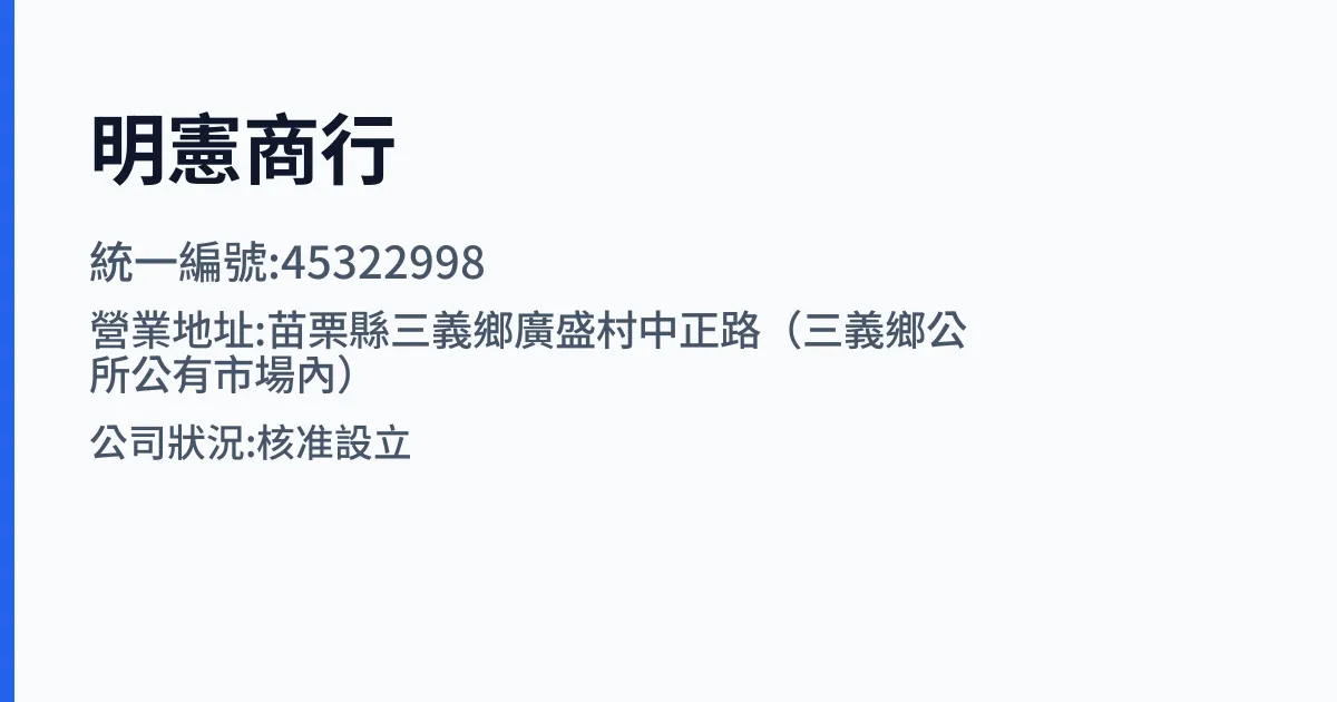 明憲商行 - 統編 45322998(苗栗縣) 公司登記資料與營業項目詳細圖表