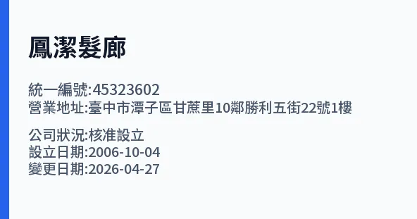 鳳潔髮廊的照片-統編 45323602(臺中市) 公司登記資料與營業項目詳細圖表