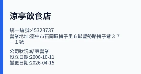 涼亭飲食店的照片-統編 45323737(臺中市) 公司登記資料與營業項目詳細圖表