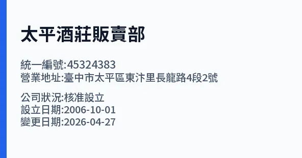 太平酒莊販賣部的照片-統編 45324383(臺中市) 公司登記資料與營業項目詳細圖表
