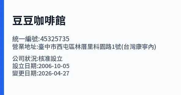 豆豆咖啡館的照片-統編 45325735(臺中市) 公司登記資料與營業項目詳細圖表