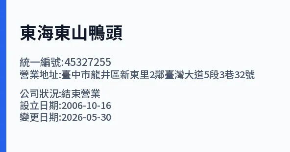 東海東山鴨頭的照片-統編 45327255(臺中市) 公司登記資料與營業項目詳細圖表
