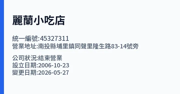 麗蘭小吃店的照片-統編 45327311(南投縣) 公司登記資料與營業項目詳細圖表