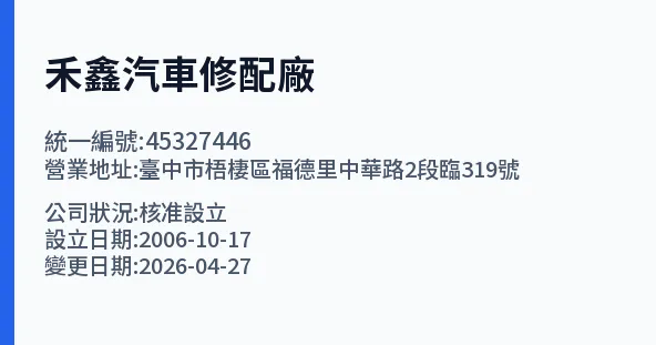 禾鑫汽車修配廠的照片-統編 45327446(臺中市) 公司登記資料與營業項目詳細圖表