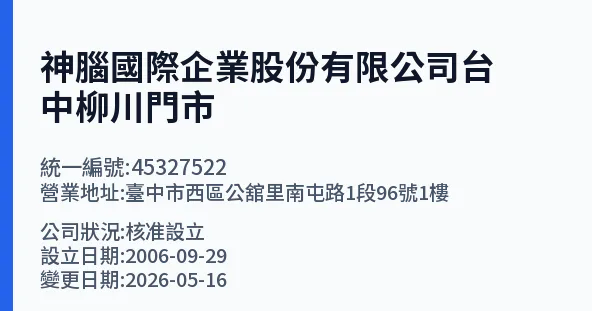 神腦國際企業股份有限公司台中柳川門市的照片-統編 45327522(臺中市) 公司登記資料與營業項目詳細圖表