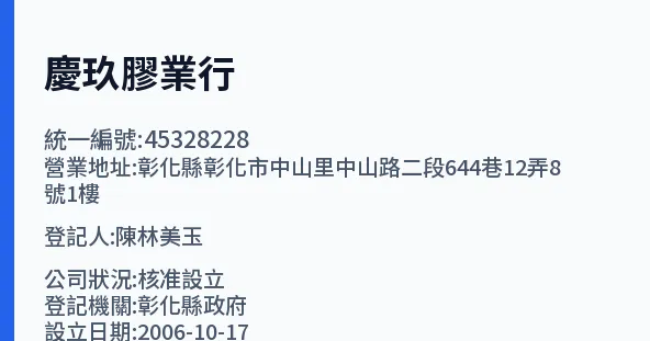 慶玖膠業行的照片-統編 45328228(彰化縣) 公司登記資料與營業項目詳細圖表