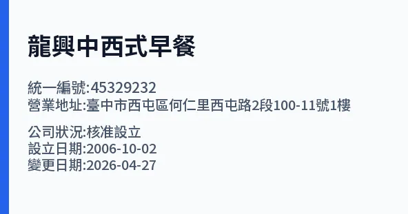 龍興中西式早餐的照片-統編 45329232(臺中市) 公司登記資料與營業項目詳細圖表