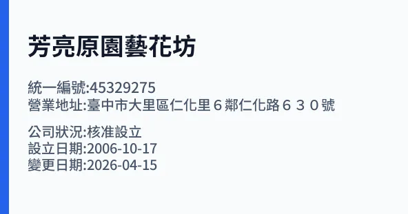 芳亮原園藝花坊的照片-統編 45329275(臺中市) 公司登記資料與營業項目詳細圖表