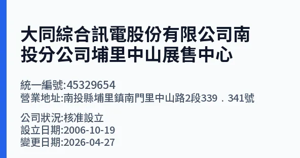 大同綜合訊電股份有限公司南投分公司埔里中山展售中心的照片-統編 45329654(南投縣) 公司登記資料與營業項目詳細圖表