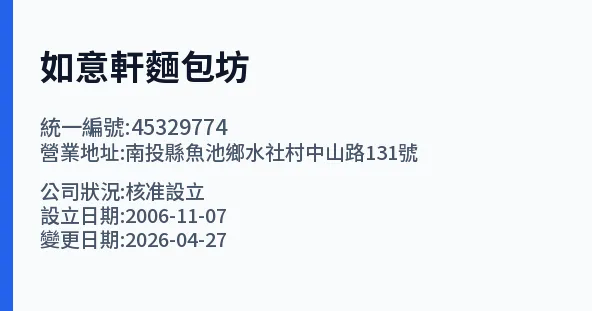 如意軒麵包坊的照片-統編 45329774(南投縣) 公司登記資料與營業項目詳細圖表