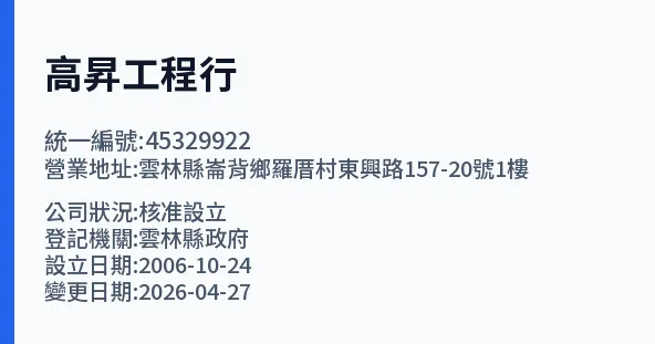 高昇工程行的照片-統編 45329922(雲林縣) 公司登記資料與營業項目詳細圖表