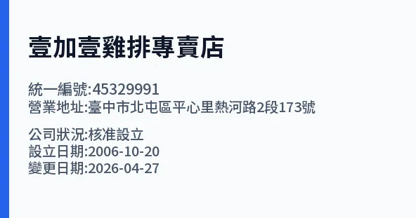 壹加壹雞排專賣店的照片-統編 45329991(臺中市) 公司登記資料與營業項目詳細圖表