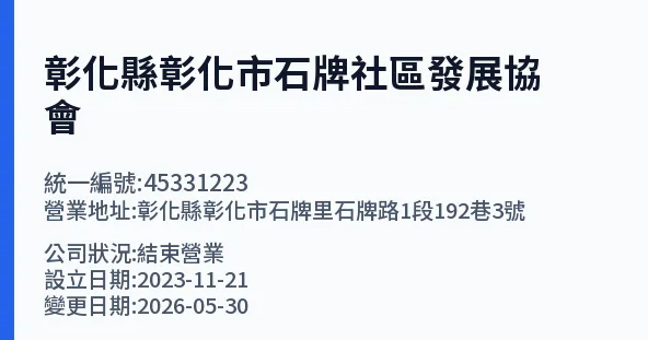 彰化縣彰化市石牌社區發展協會的照片-統編 45331223(彰化縣) 公司登記資料與營業項目詳細圖表