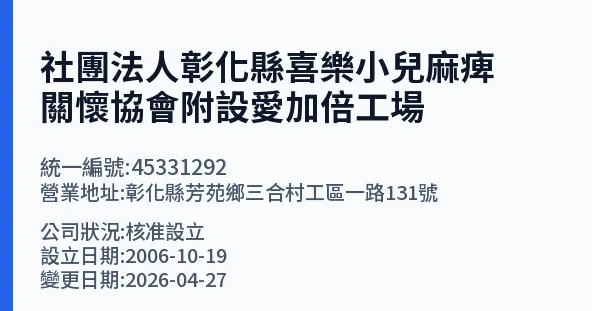 社團法人彰化縣喜樂小兒麻痺關懷協會附設愛加倍工場的照片-統編 45331292(彰化縣) 公司登記資料與營業項目詳細圖表