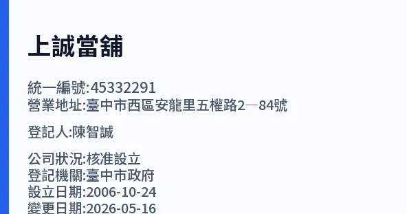 上誠當舖的照片-統編 45332291(臺中市) 公司登記資料與營業項目詳細圖表