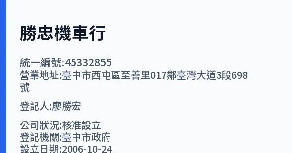 勝忠機車行的照片-統編 45332855(臺中市) 公司登記資料與營業項目詳細圖表