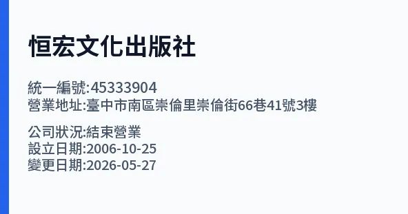恒宏文化出版社的照片-統編 45333904(臺中市) 公司登記資料與營業項目詳細圖表