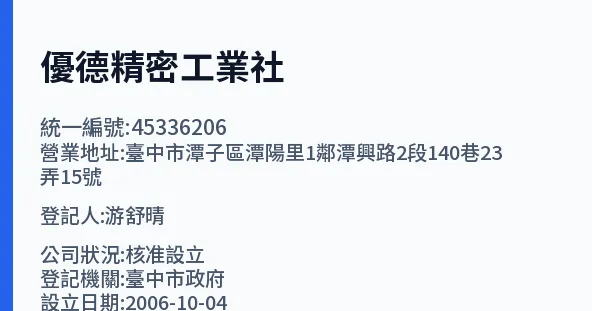 優德精密工業社的照片-統編 45336206(臺中市) 公司登記資料與營業項目詳細圖表