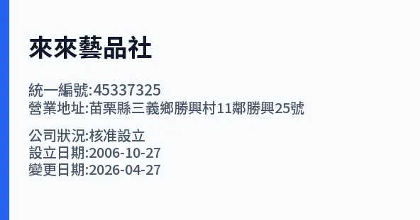 來來藝品社的照片-統編 45337325(苗栗縣) 公司登記資料與營業項目詳細圖表