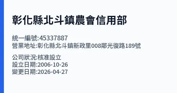 彰化縣北斗鎮農會信用部的照片-統編 45337887(彰化縣) 公司登記資料與營業項目詳細圖表