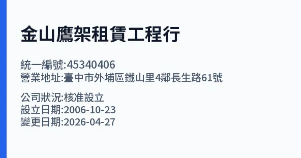 金山鷹架租賃工程行的照片-統編 45340406(臺中市) 公司登記資料與營業項目詳細圖表