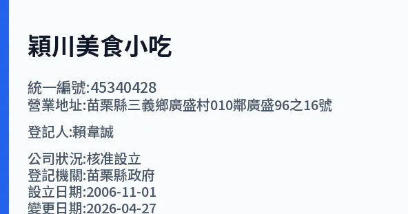 穎川美食小吃的照片-統編 45340428(苗栗縣) 公司登記資料與營業項目詳細圖表