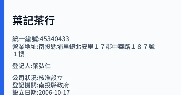 葉記茶行的照片-統編 45340433(南投縣) 公司登記資料與營業項目詳細圖表