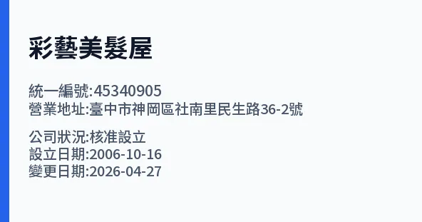 彩藝美髮屋的照片-統編 45340905(臺中市) 公司登記資料與營業項目詳細圖表