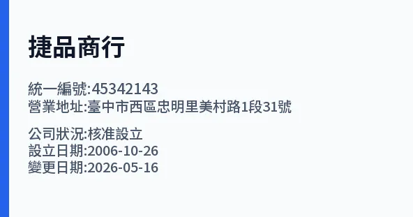 捷品商行的照片-統編 45342143(臺中市) 公司登記資料與營業項目詳細圖表