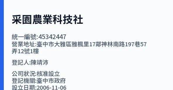 采園農業科技社的照片-統編 45342447(臺中市) 公司登記資料與營業項目詳細圖表