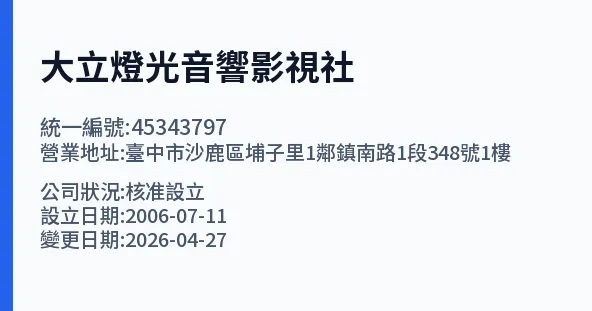 大立燈光音響影視社的照片-統編 45343797(臺中市) 公司登記資料與營業項目詳細圖表