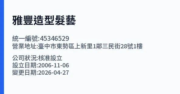 雅豐造型髮藝的照片-統編 45346529(臺中市) 公司登記資料與營業項目詳細圖表