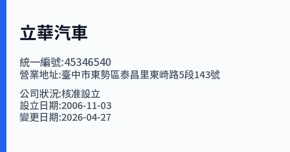 立華汽車的照片-統編 45346540(臺中市) 公司登記資料與營業項目詳細圖表