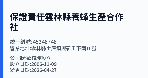保證責任雲林縣養蜂生產合作社的照片-統編 45346746(雲林縣) 公司登記資料與營業項目詳細圖表