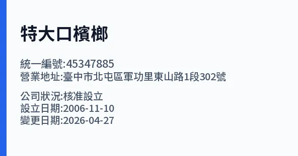 特大口檳榔的照片-統編 45347885(臺中市) 公司登記資料與營業項目詳細圖表