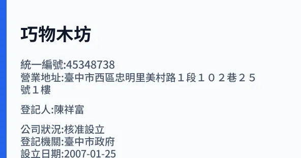 巧物木坊的照片-統編 45348738(臺中市) 公司登記資料與營業項目詳細圖表