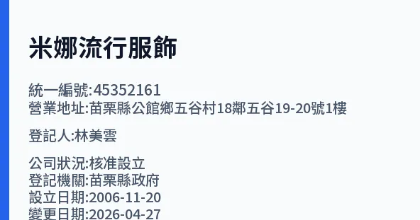 米娜流行服飾的照片-統編 45352161(苗栗縣) 公司登記資料與營業項目詳細圖表