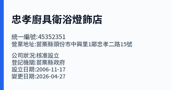 忠孝廚具衛浴燈飾店的照片-統編 45352351(苗栗縣) 公司登記資料與營業項目詳細圖表