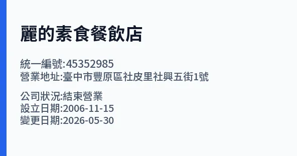 麗的素食餐飲店的照片-統編 45352985(臺中市) 公司登記資料與營業項目詳細圖表